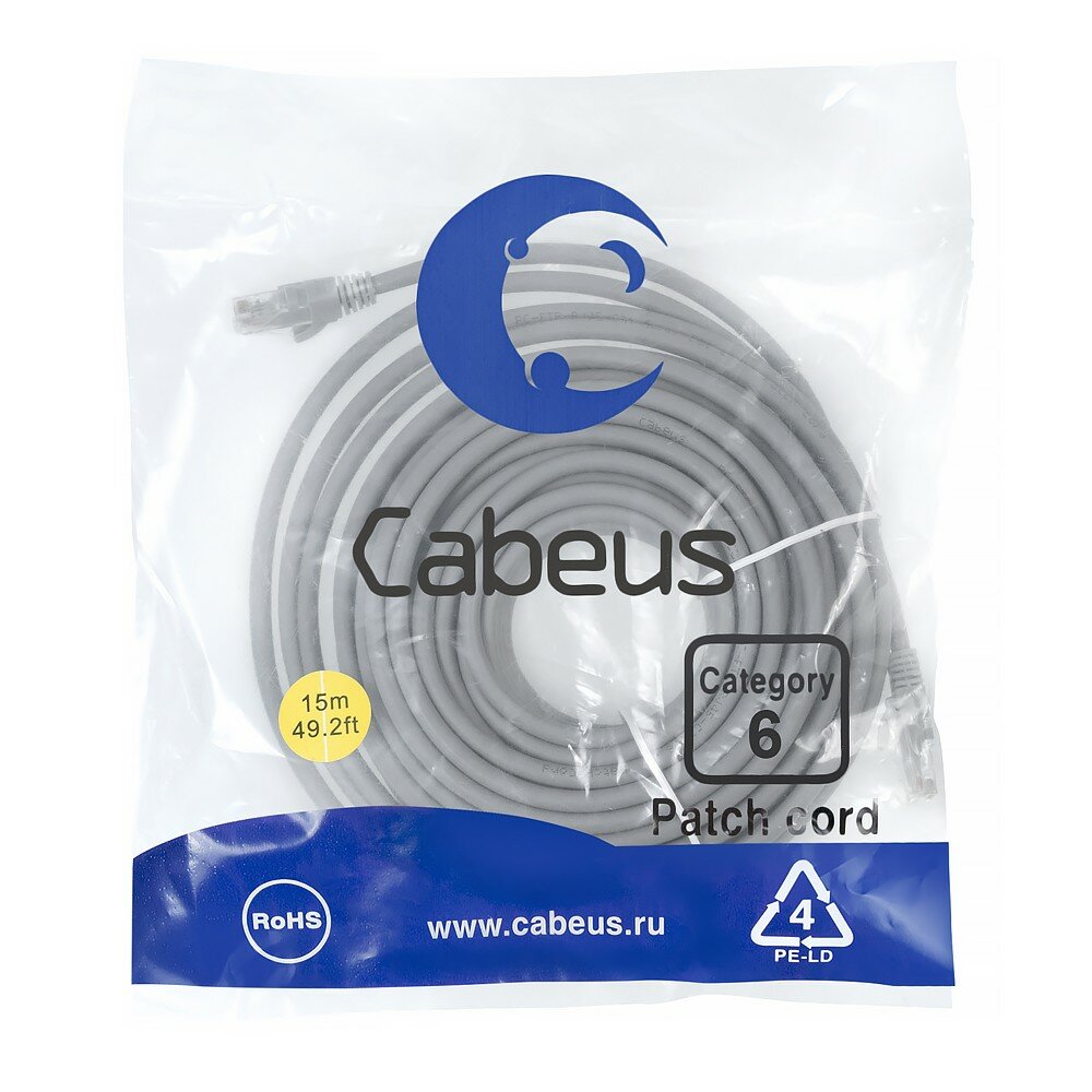 Патч-корд интернет кабель Cabeus U/ UTP cat.6 RJ45 - RJ45 15 м Серый