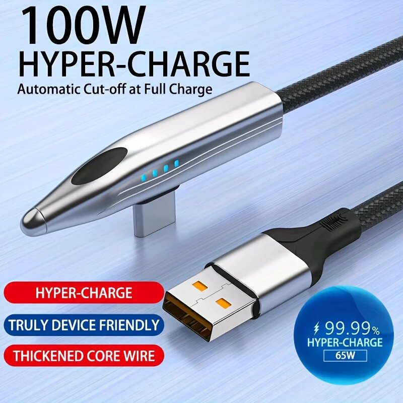 Кабель USB-C 100 Вт 6А для быстрой зарядки и передачи данных, угловой (90 градусов), для игр, 1.2m