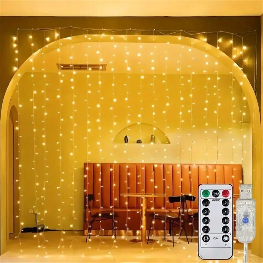 Светодиодная Гирлянда На USB-питании Для Окон С Пультом Warm lights, 3M(W)X2M(H) 200 LEDS