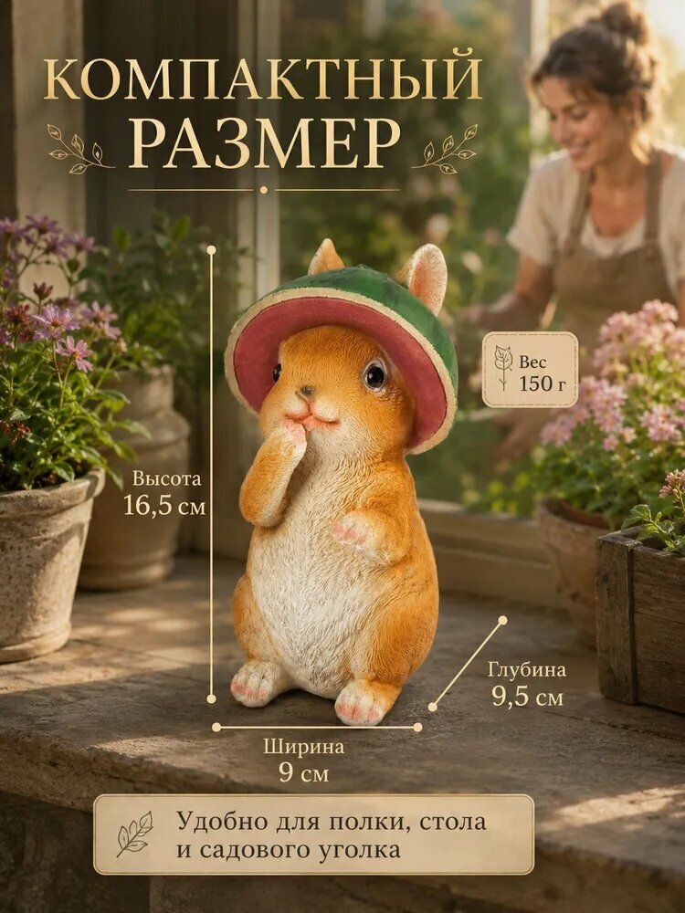 Фигурка садовая "Кролик с грибной головой", зеленый, светло-серый и черный — фото 1