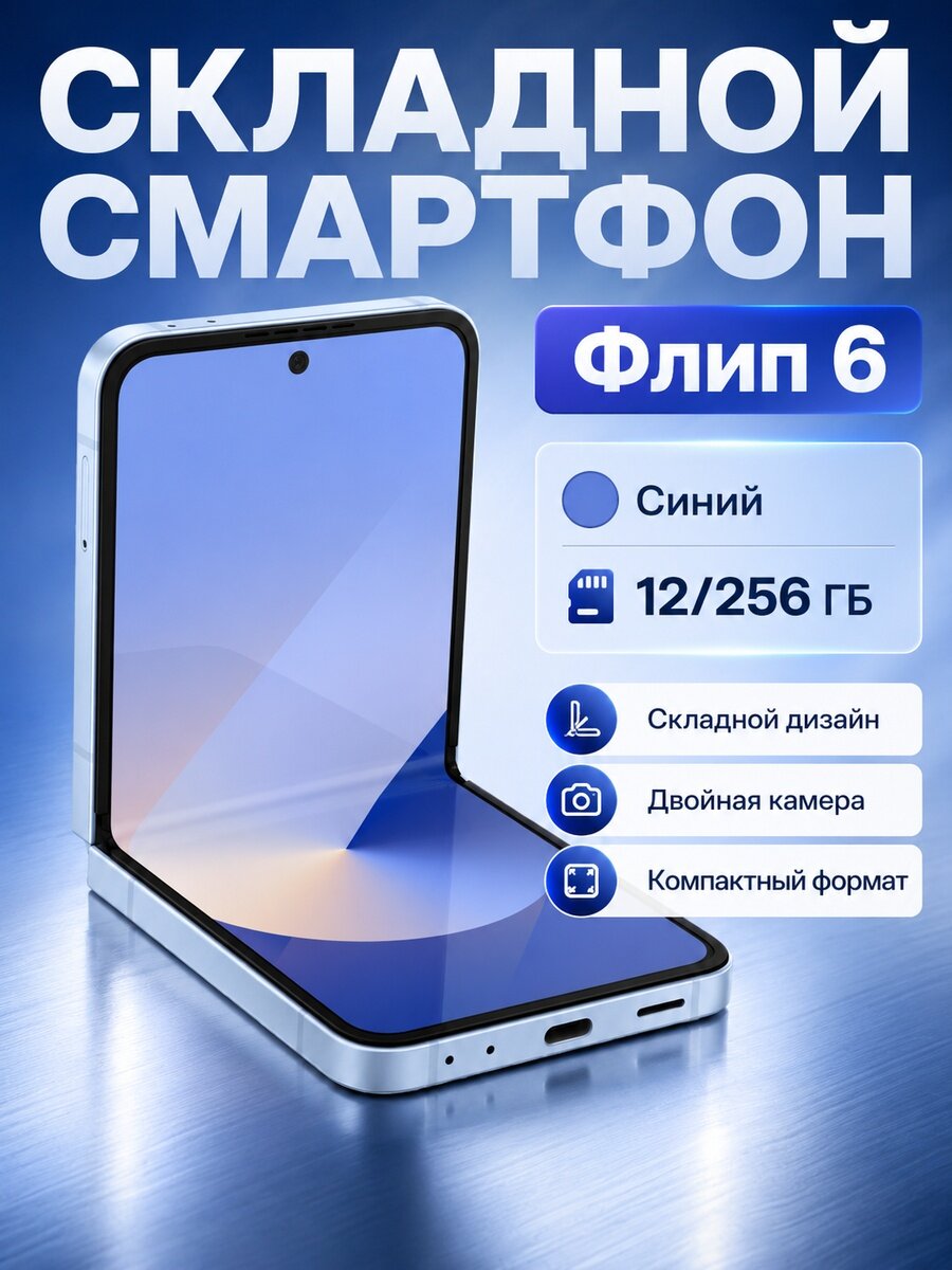 Samsung Galaxy Z Flip6 5G смартфон с поддержкой NFC, 256GB памяти, 12GB оперативной памяти, складный экран, синий