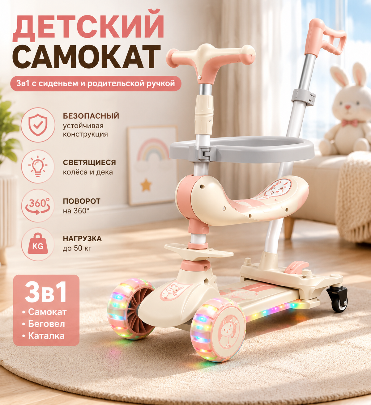 Самокат детский 3 в 1, пластик, сталь, от 3 до 16 лет, 3 колеса