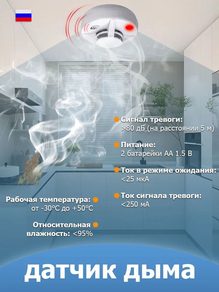 Пожарная сигнализация беспроводная, детектор извещатель, датчик дыма автономный на батарейках