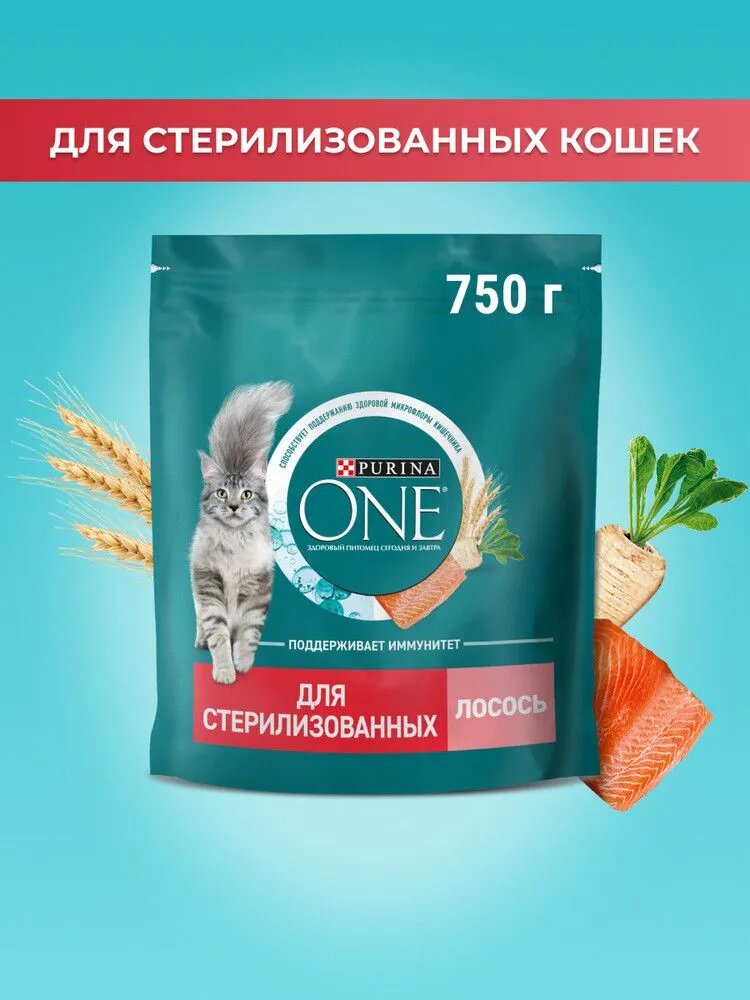 Сухой корм для кошек Purina ONE для стерилизованных, с лососем и пшеницей, 750 г