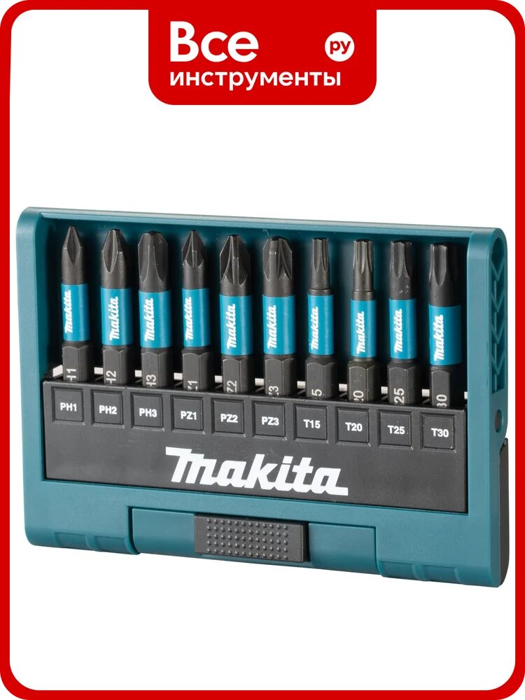 Набор бит Impact Black 50 мм, 10 шт (PH1, PH2, PH3, PZ1, PZ2, PZ3, T15, T20, T25, T30) Makita E-12011, Черное