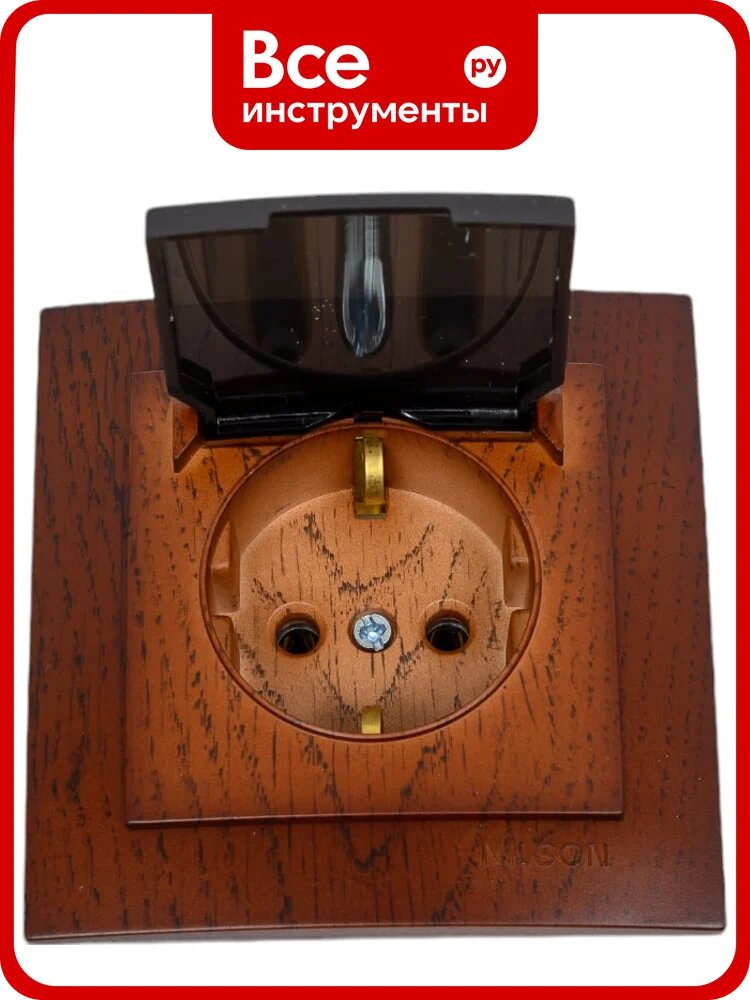 Розетка NILSON 1-местная с крышкой орех Touran wood, силовая, встраиваемая, IP20, 16А, 250В, квадратная, в комплекте