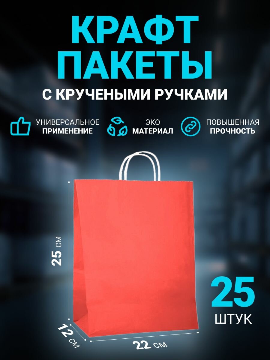 Крафт пакет красный бумажный с кручеными ручками 22х12х25 см, 25 шт.