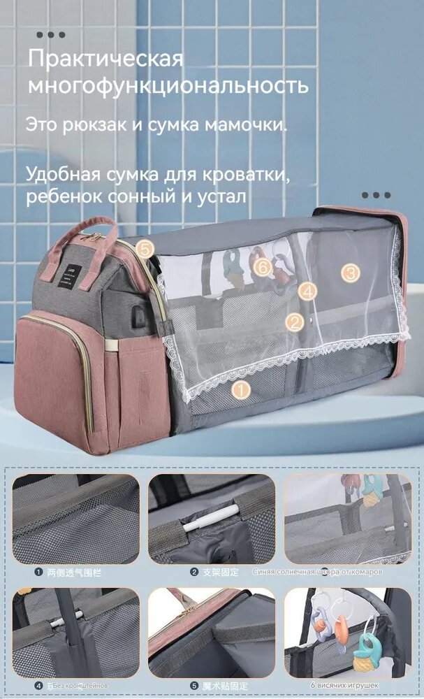 Рюкзак-кровать для мамы 2-в-1, сумка для коляски, розовый-1, Китай, Оксфорд — фото 1