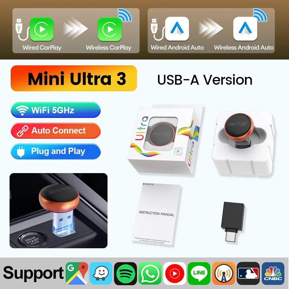 Carlinkit Mini Ultra 2-в-1: Беспроводной И Проводной CarPlay/Android Auto Для Штатных Gilded Orange