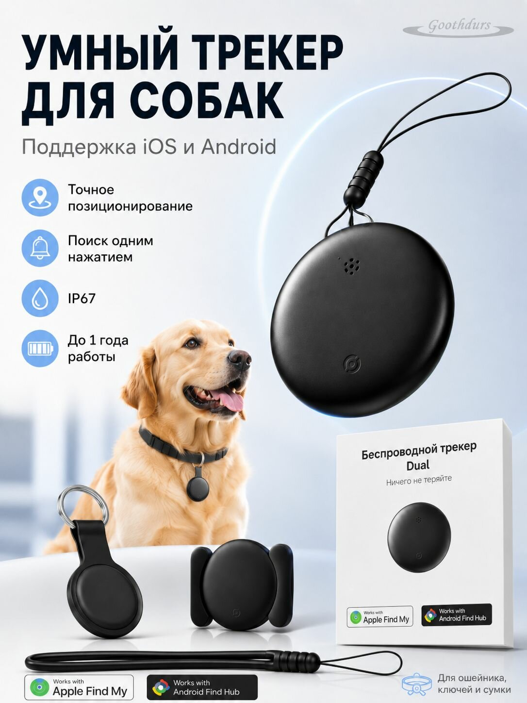 Gps трекер для андроид и ios Брелок для ошейника - Чёрный