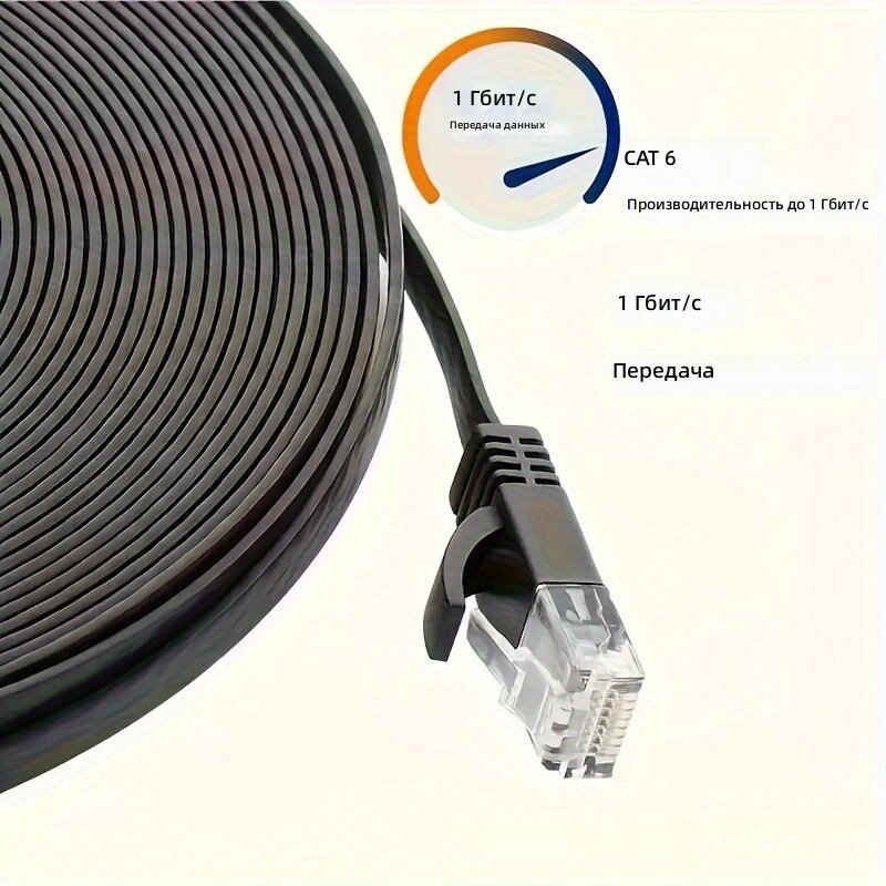 Кабель Ethernet Cat 6 высокой скорости 10Gbps 118.11 дюймов (3 м) плоский для внутреннего и наружного использования, шнур RJ45 LAN с клипсами для роутера, модема, PS4/5, Xbox, игр, черный
