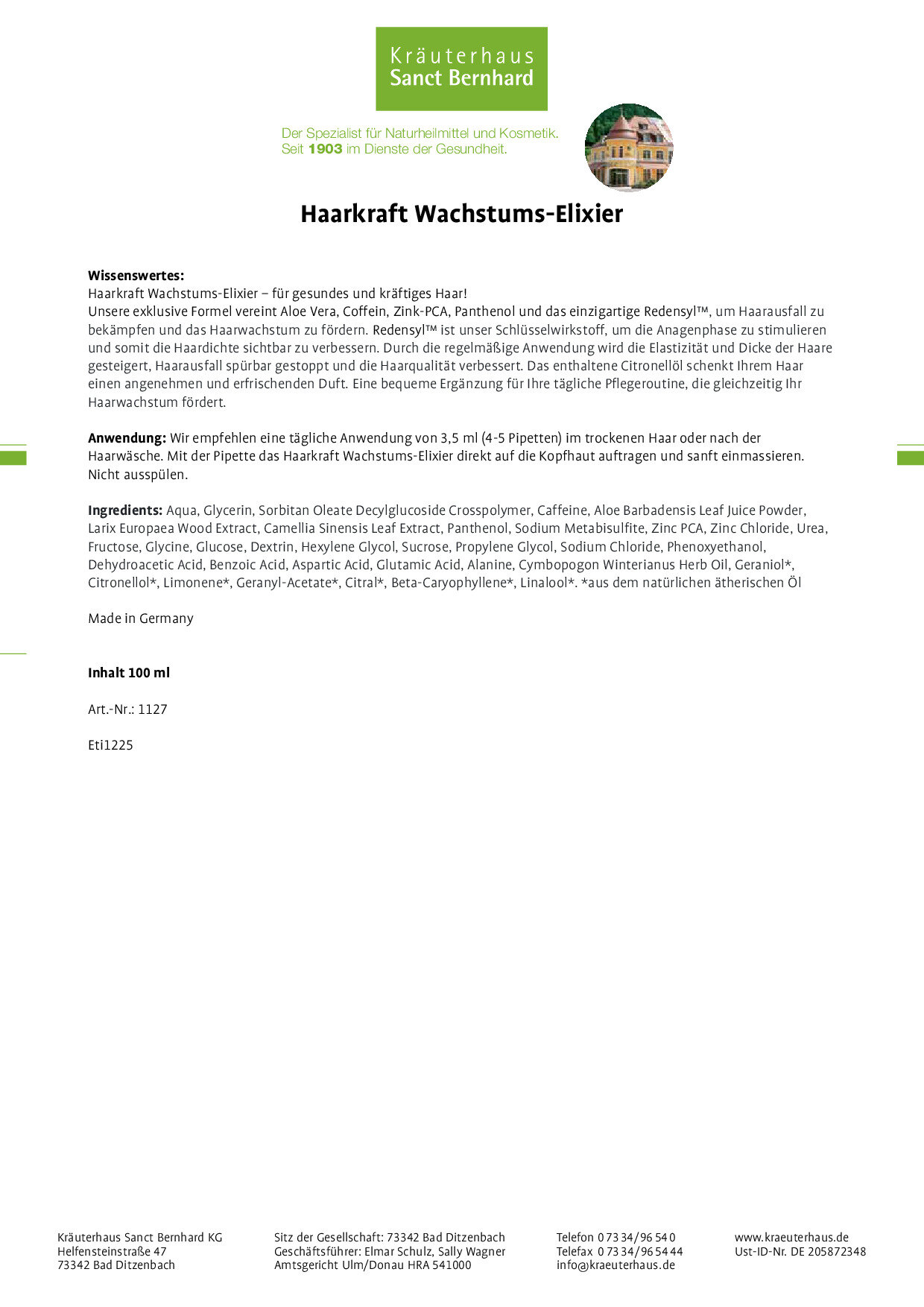 Эликсир для роста волос Sanct Bernhard Haarkraft Wachstums-Elixier, 100 мл