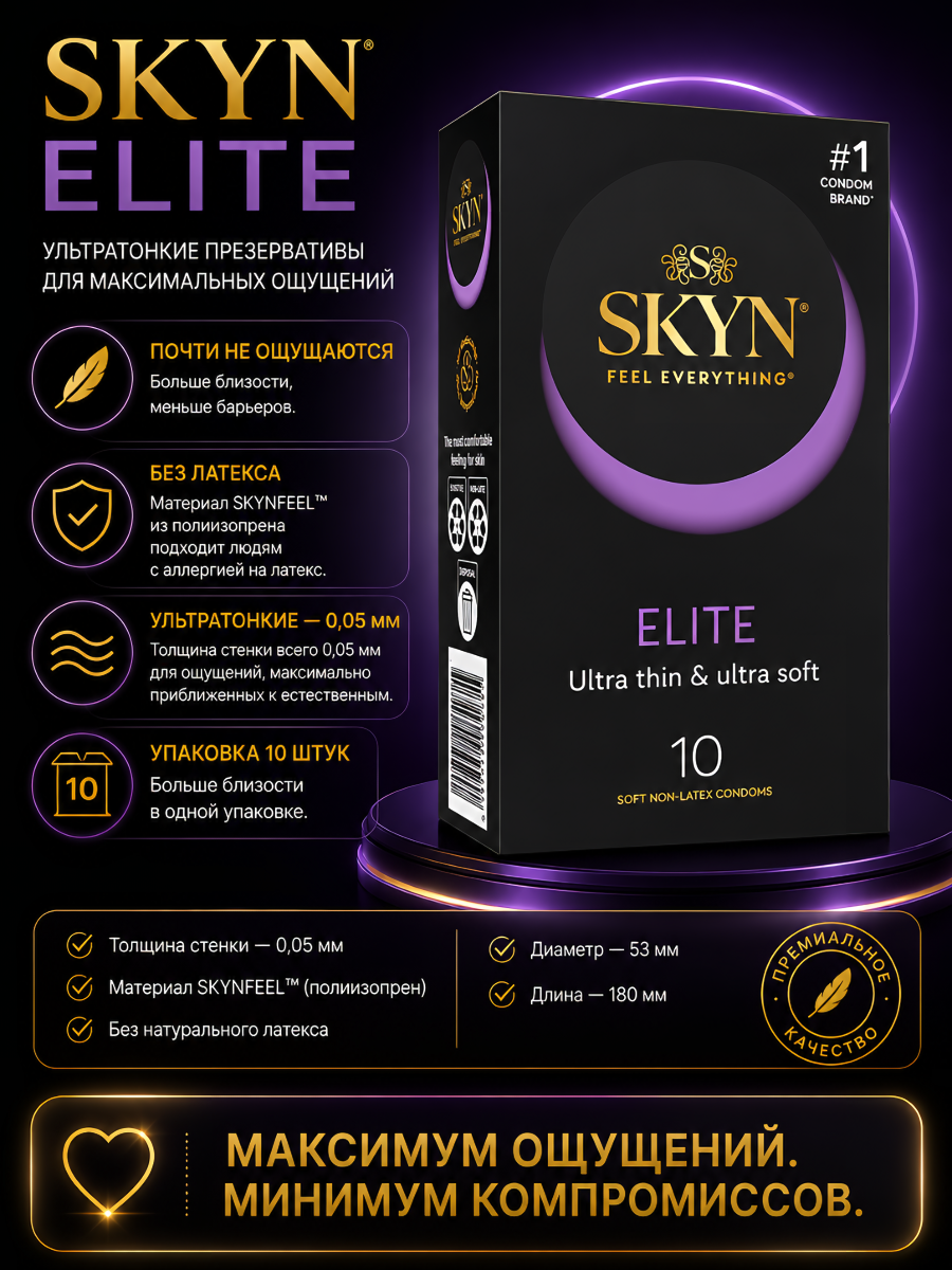 Особо тонкие и ультрамягкие безлатексные презервативы SKYN Elite 10шт