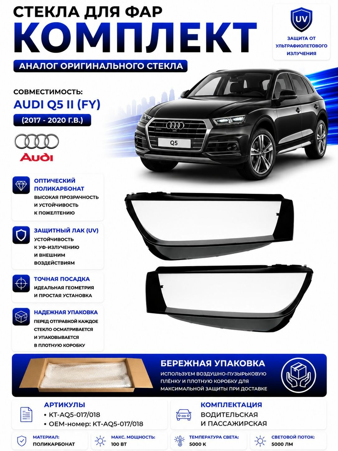 Стекла для фар Audi Q5 2 2017 - 2020 Комплект / Стекла на Ауди Ку5