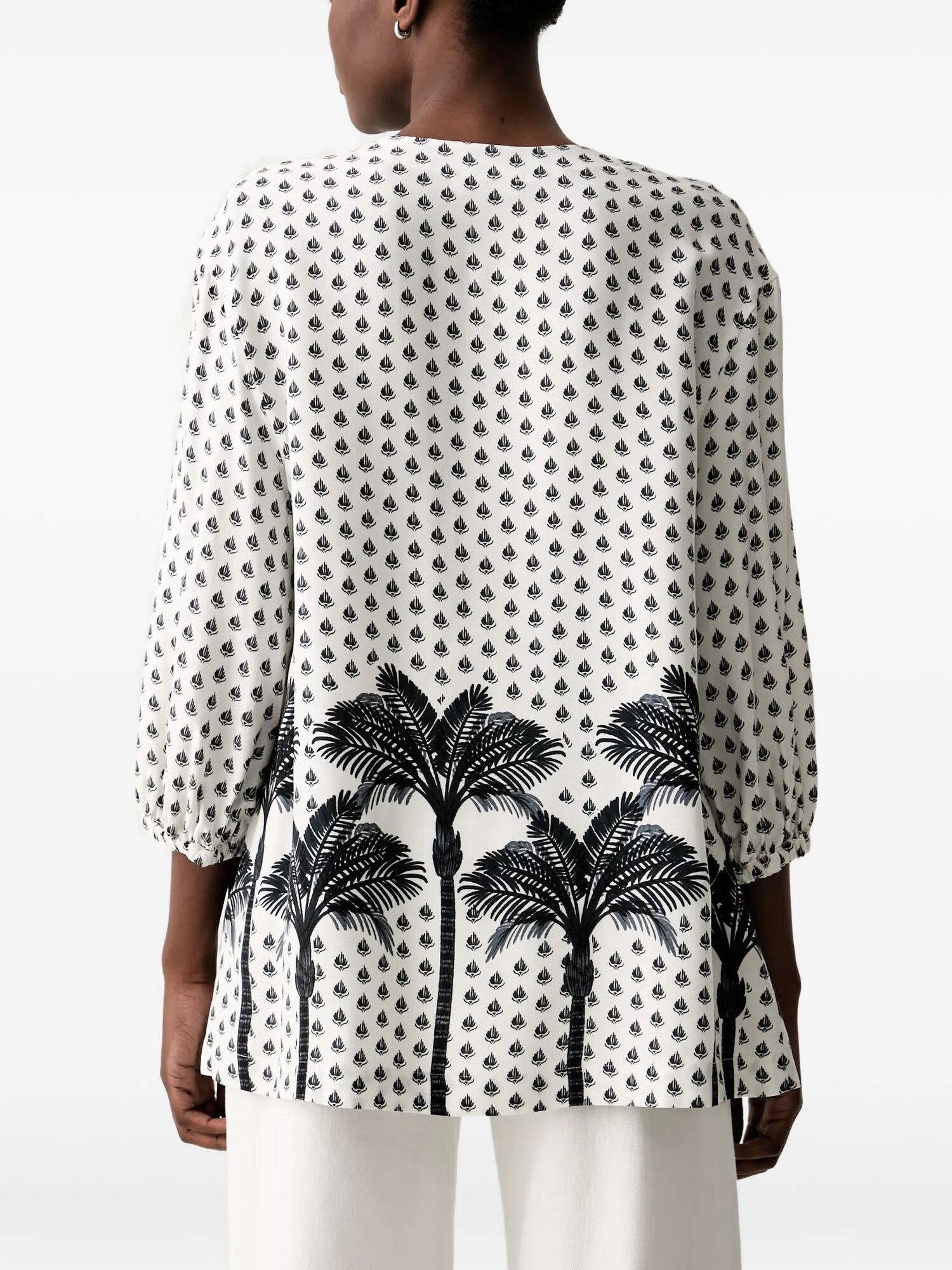 Топ Marc O'Polo Palm-print front-tie open tunic, размер 46 EU, бежевый/белый — фото 1