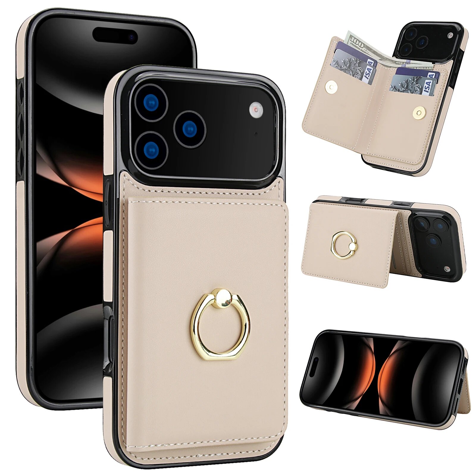 Кожаный чехол-бумажник с отделением для карт, подставкой, кольцом и iPhone17 Про, Белый, White