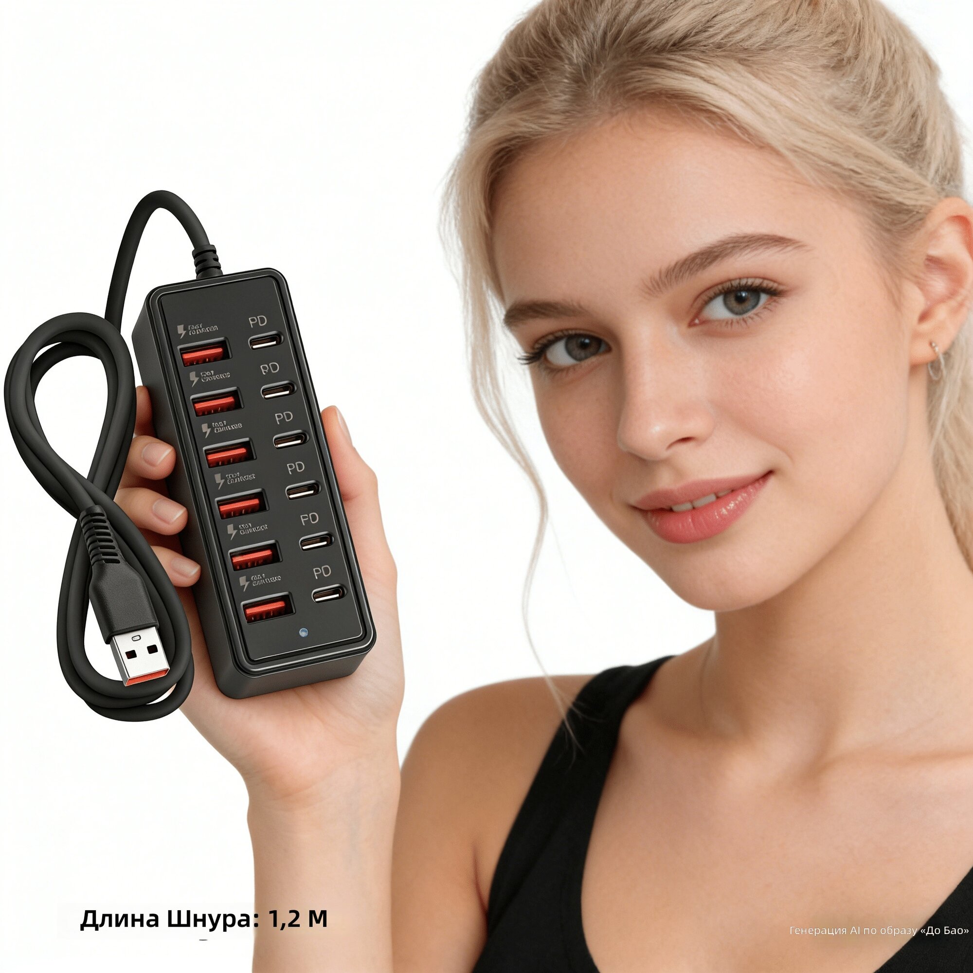 USB-хаб на 12 портов: 6 USB + 6 Type-C, зарядная станция PD 66W, элегантный черный