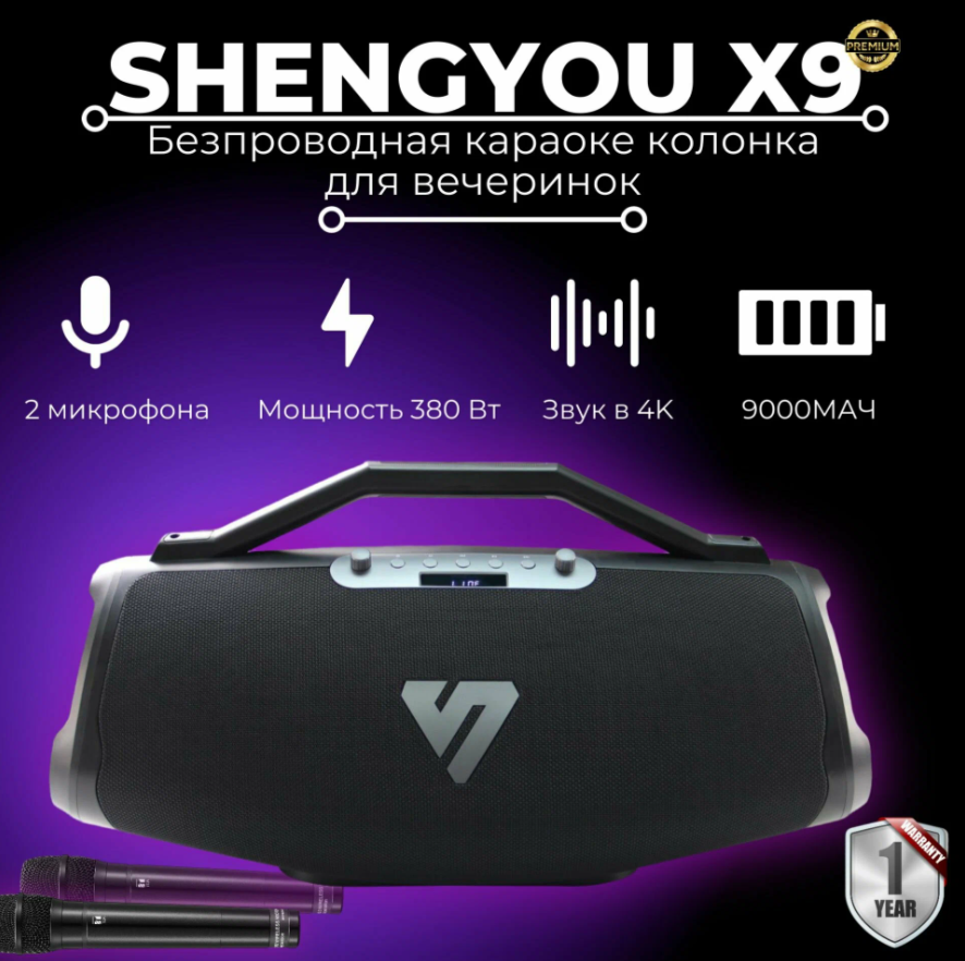 Безпроводная Bluetooth колонка Shengyou X9 - c двумя микрофоном пульт для вечеринок
