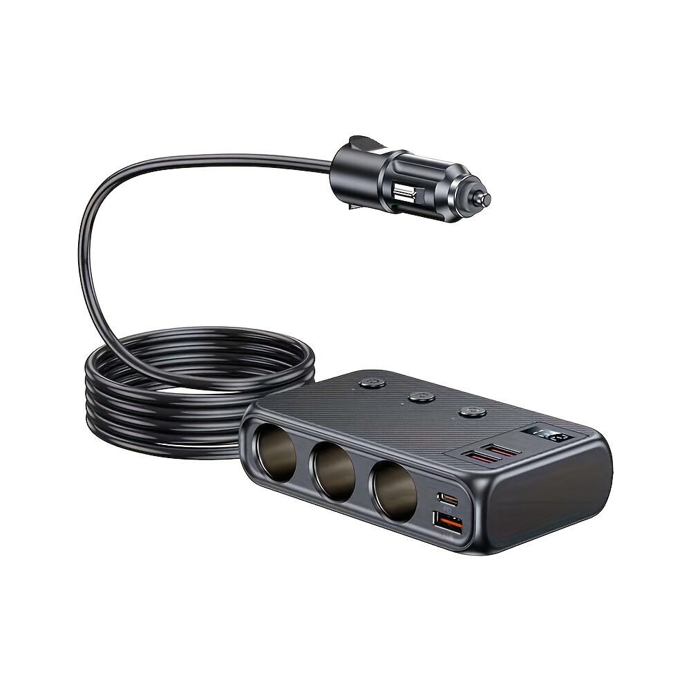 Автомобильное зарядное устройство 128W, многоразъемное с PD/QC 3.0, независимый выключатель, 3 гнезда прикуривателя, 3 USB-порта, LED вольтметр, модель C29S