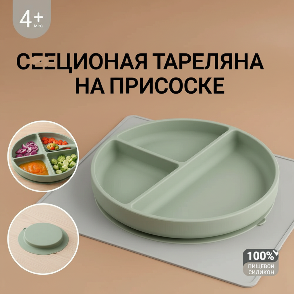 Большая секционная тарелка на присоске для малышей силикон нежный шалфей