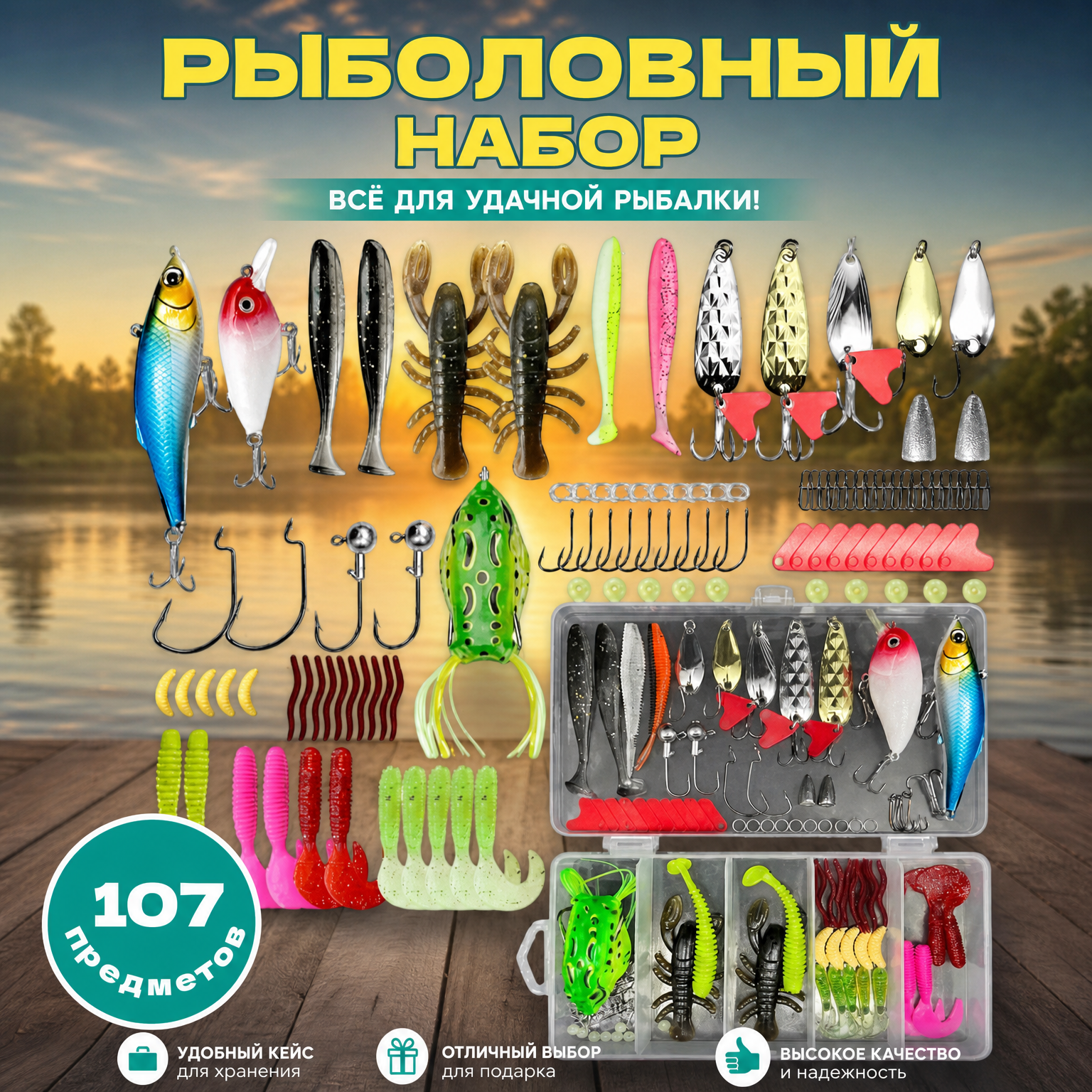 Комплект рыболовных приманок 107 деталей, воблеры, мягкие приманки, блёсна, крючки, джиговые головки (Длина: 0.15 м; Цвета: зелёный, жёлтый, голубой; Комплектация: 107 предметов)