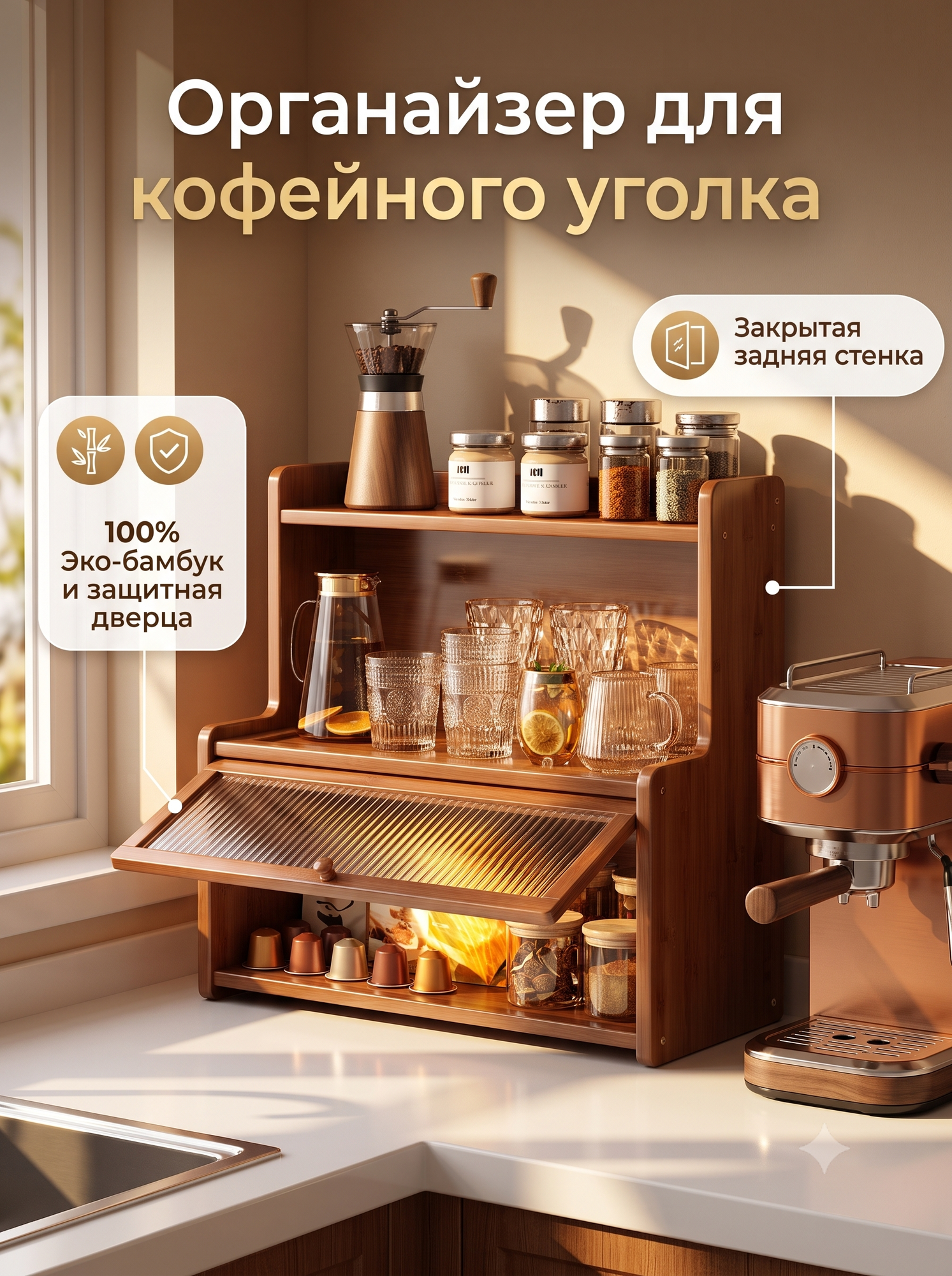 Настольный стеллаж для хранения, полка из бамбука для кухни, органайзер для специй и чашек, шкафчик