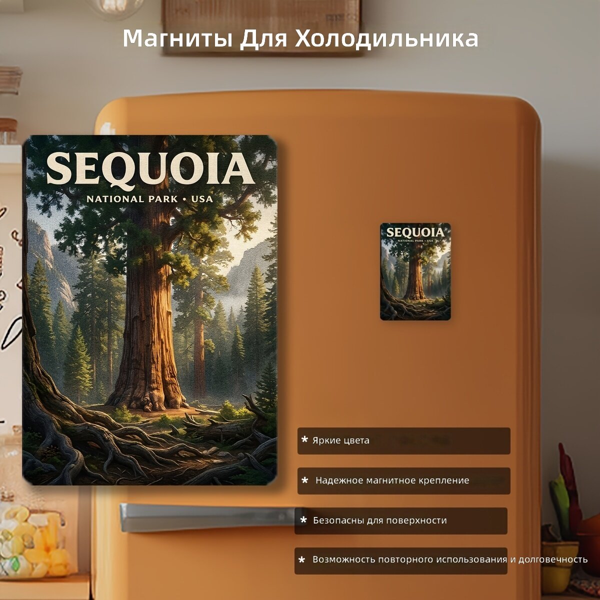 Магнит-стикер винтажный "Sequoia National Park", 2D плоская печать, 8.4x6 см, для холодильника и двери, подарок