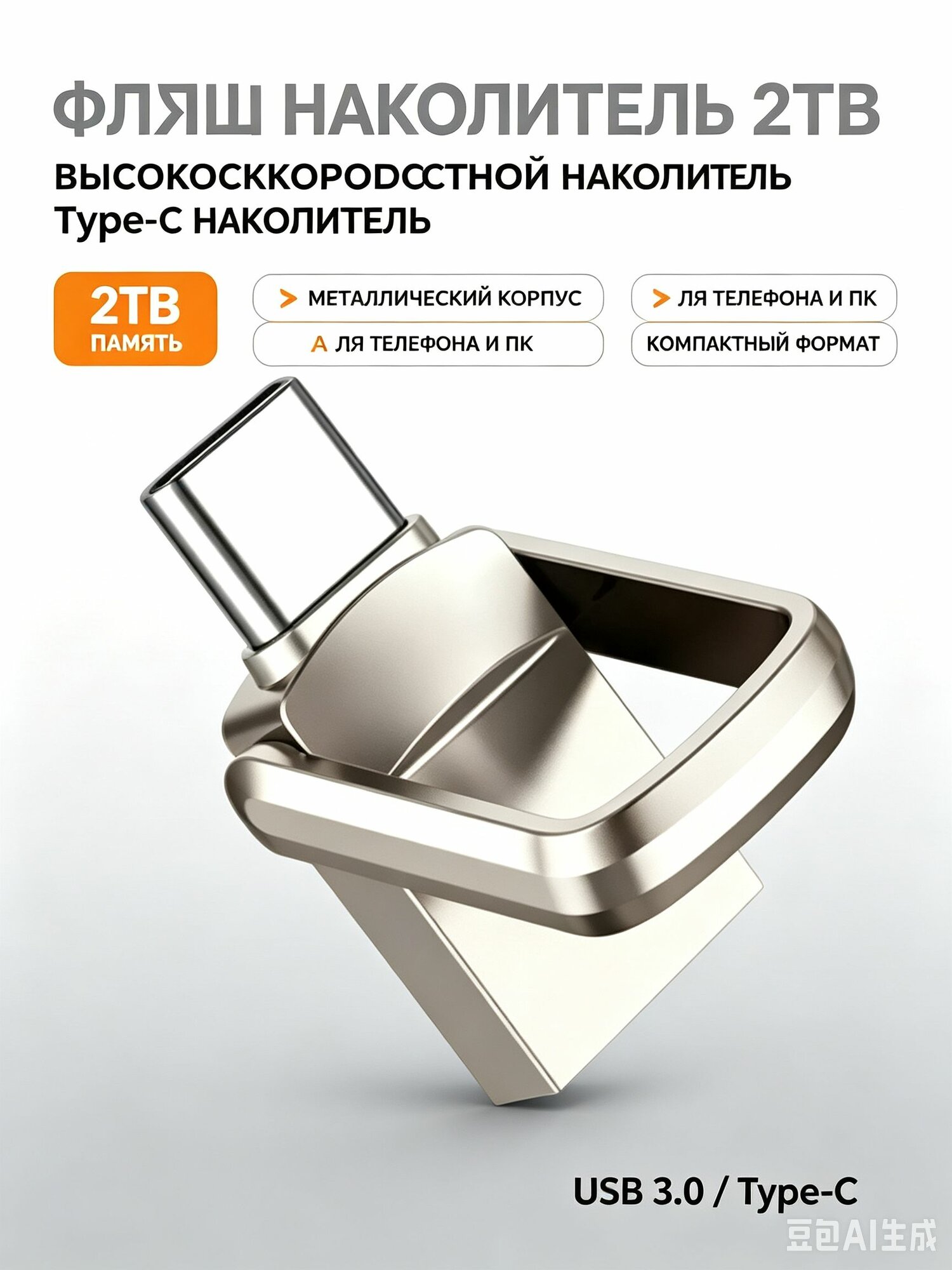 2 ТБ USB-флеш-накопитель 2ТБ USB-накопитель Type-C/USB 3.0, OTG, USB Type-A, USB 2.0, до 60 мб/сек, Металл, серебристый флешка 2TB металлический USB накопитель OTG флеш-накопитель
