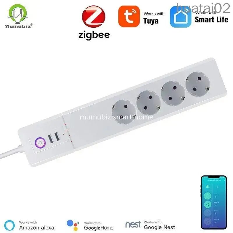 Tuya Smart Zigbee Удлинитель питания 4 розетки 2 порта USB APP беспроводное управление