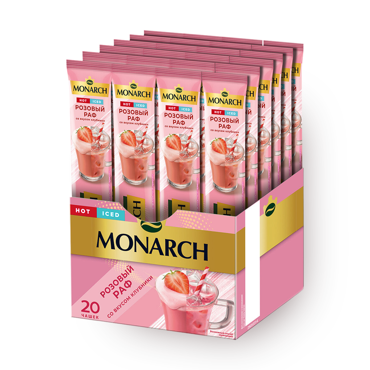 Кофейный напиток Розовый Раф Monarch с ароматом клубники, 20 шт *16 гр