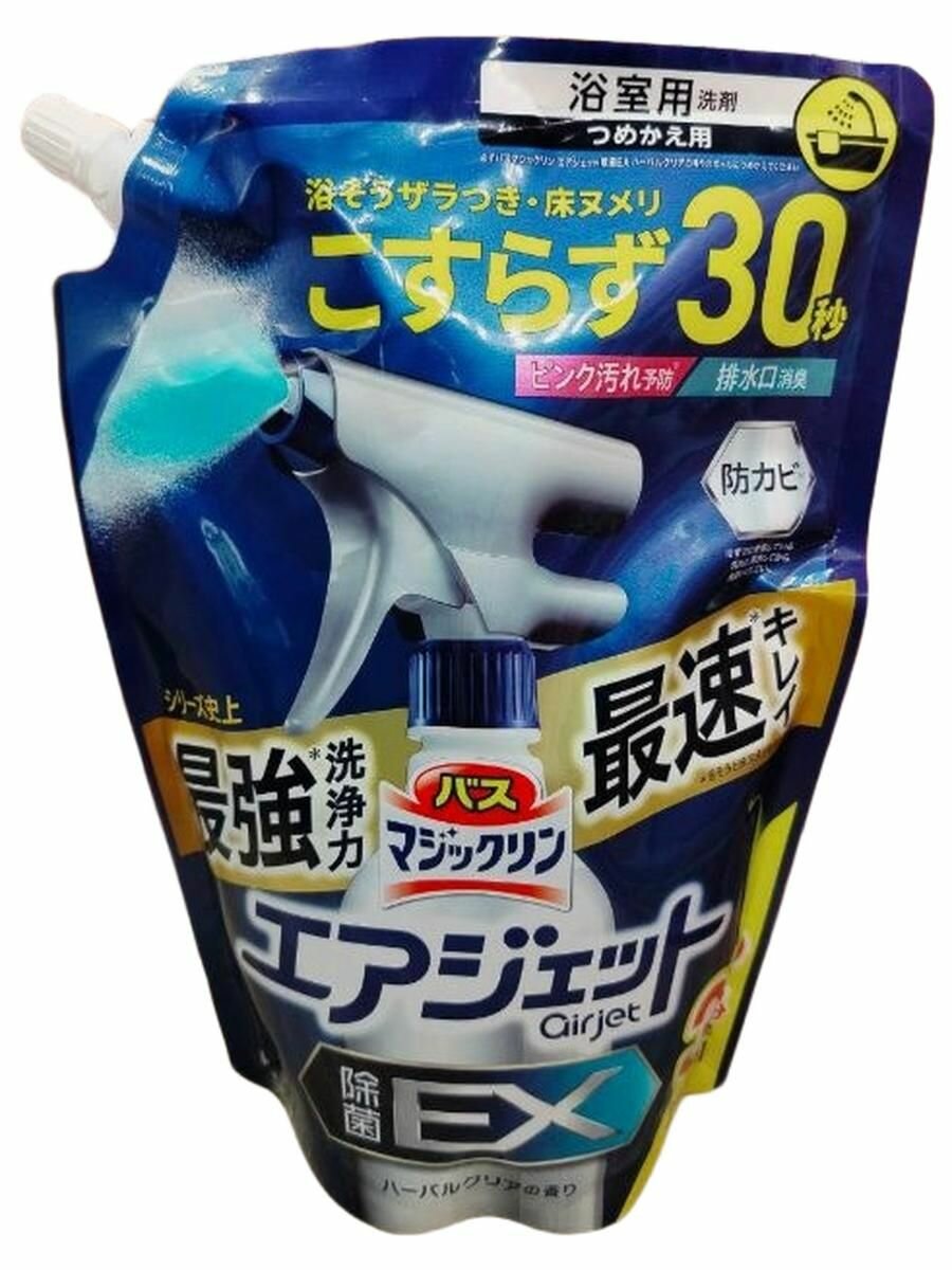 Kao Magiclean Bath Cleaner Airjet EX Спрей-пенка антибактериальная для ванной комнаты экспресс с ароматом трав, 1000 мл в мягкой упаковке
