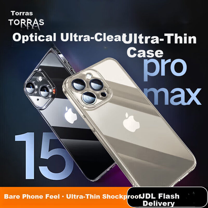Torras прозрачная защитная чехол для iPhone 15 Pro Max с антижелтением и защитой объектива, полное покрытие,