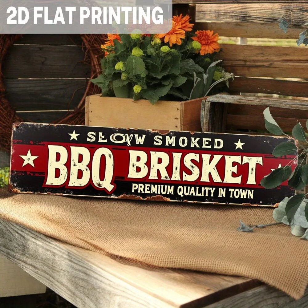 Винтажная металлическая табличка 20 30 см BBQ Brisket барбекю, декор кухни и гриль-зоны, ретро вывеска медленное копчение, жестяная панель с эффектом старины.