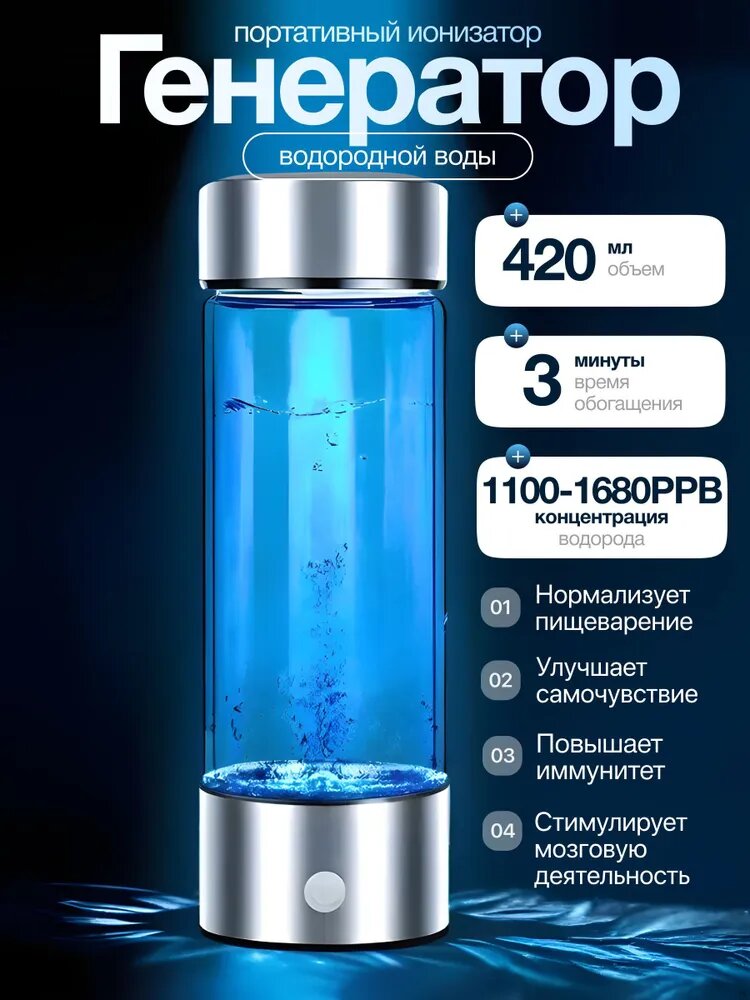 Генератор водородной воды "Генератор" портативный ионизатор, 420 мл, прозрачный, серый металлик