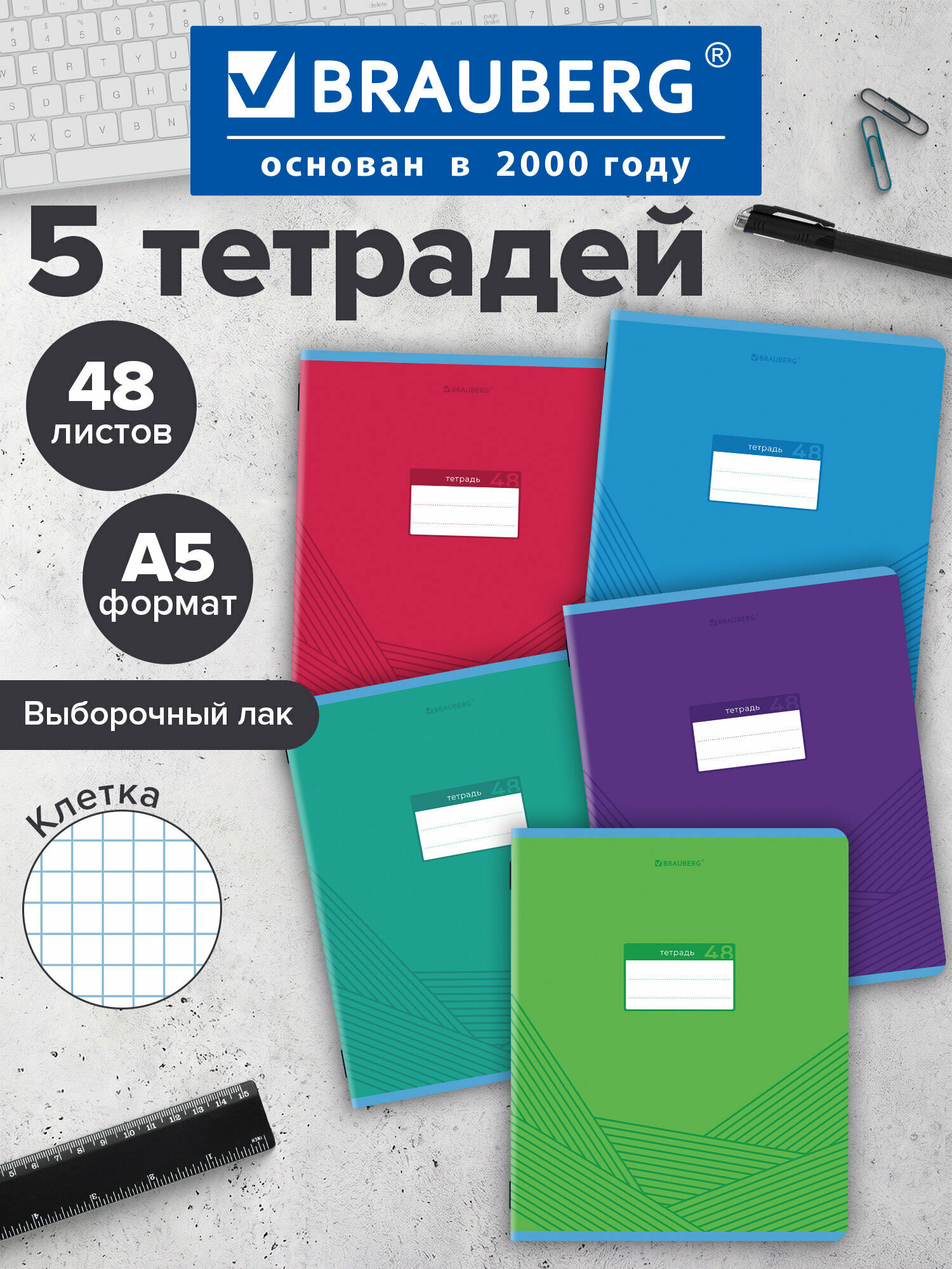 Тетрадь А5 в клетку 48 листов для записей в школу и офис, набор 5 штук, Brauberg Классика, 404908