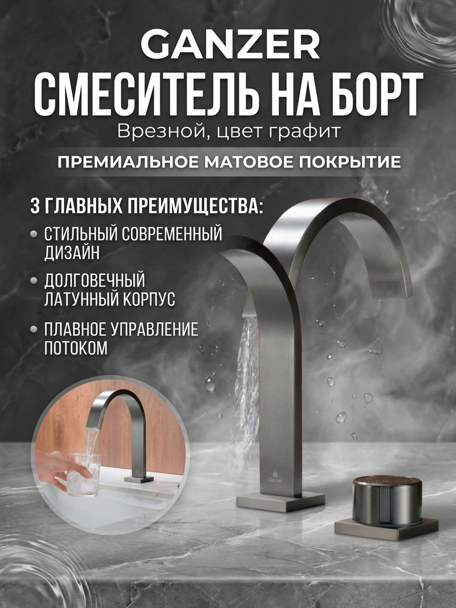 Смеситель для раковины, врезной на 2 отверстия Ganzer GZ01111-Q графит