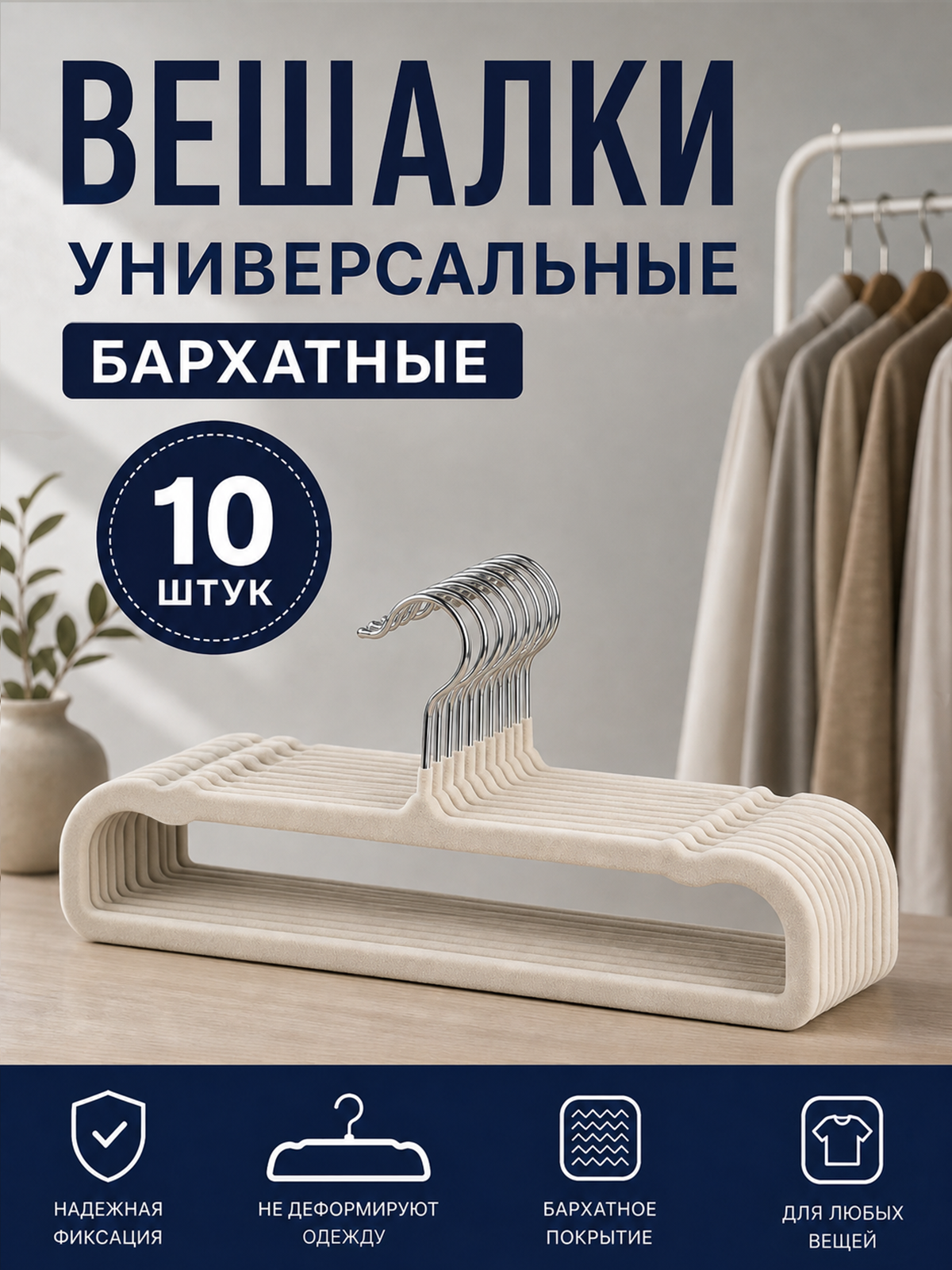 Вешалка-плечики для одежды / набор 10 шт / бархатные / нескользящие