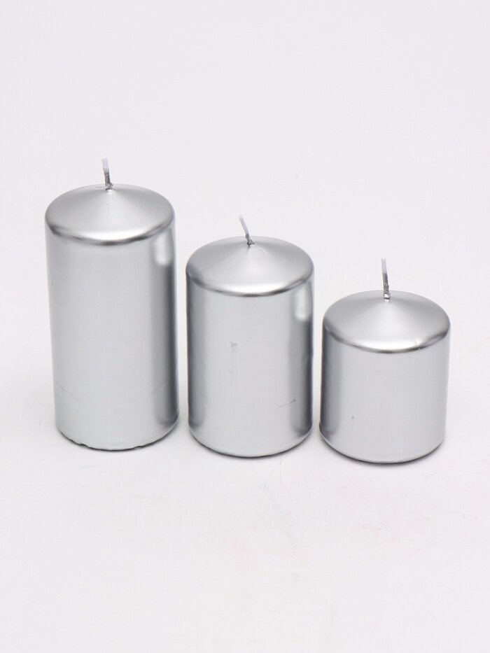 Свеча столбик 6×7.5, 10, 12.5 см, набор 3 шт, серебро