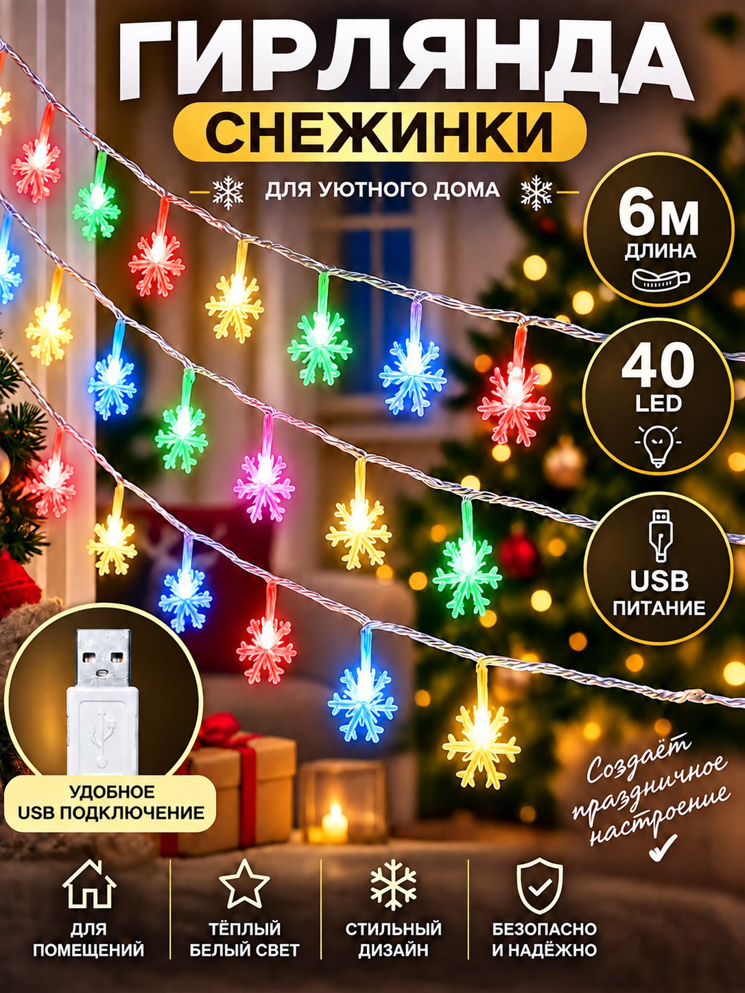 6 м, 40 ламп Электрогирлянда интерьерная Нить накаливания, светодиодная, питание от порта usb, 1 шт