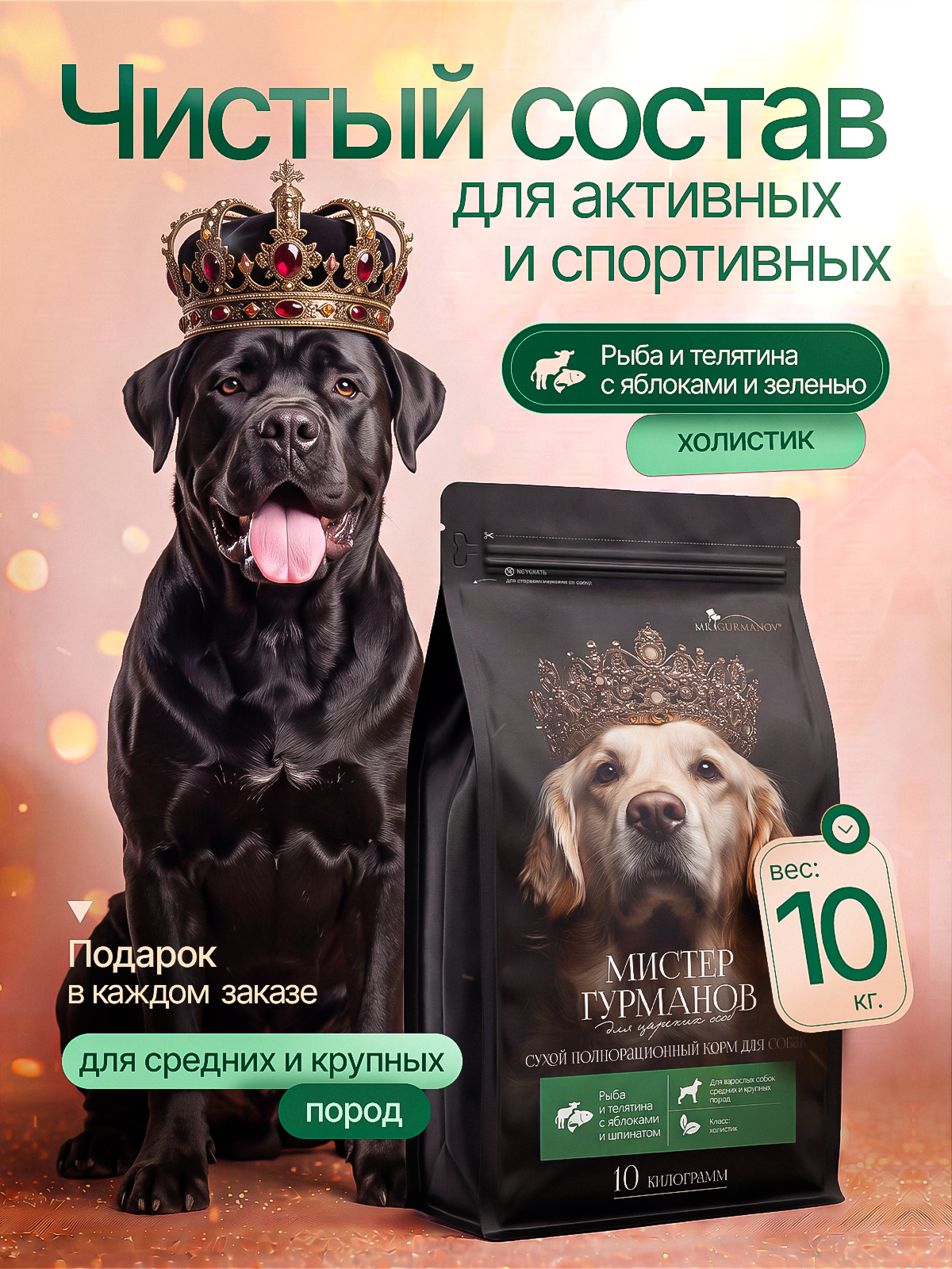 Корм для собак сухой 10 кг для крупных пород Рыба и телятина с яблоками и шпинатом