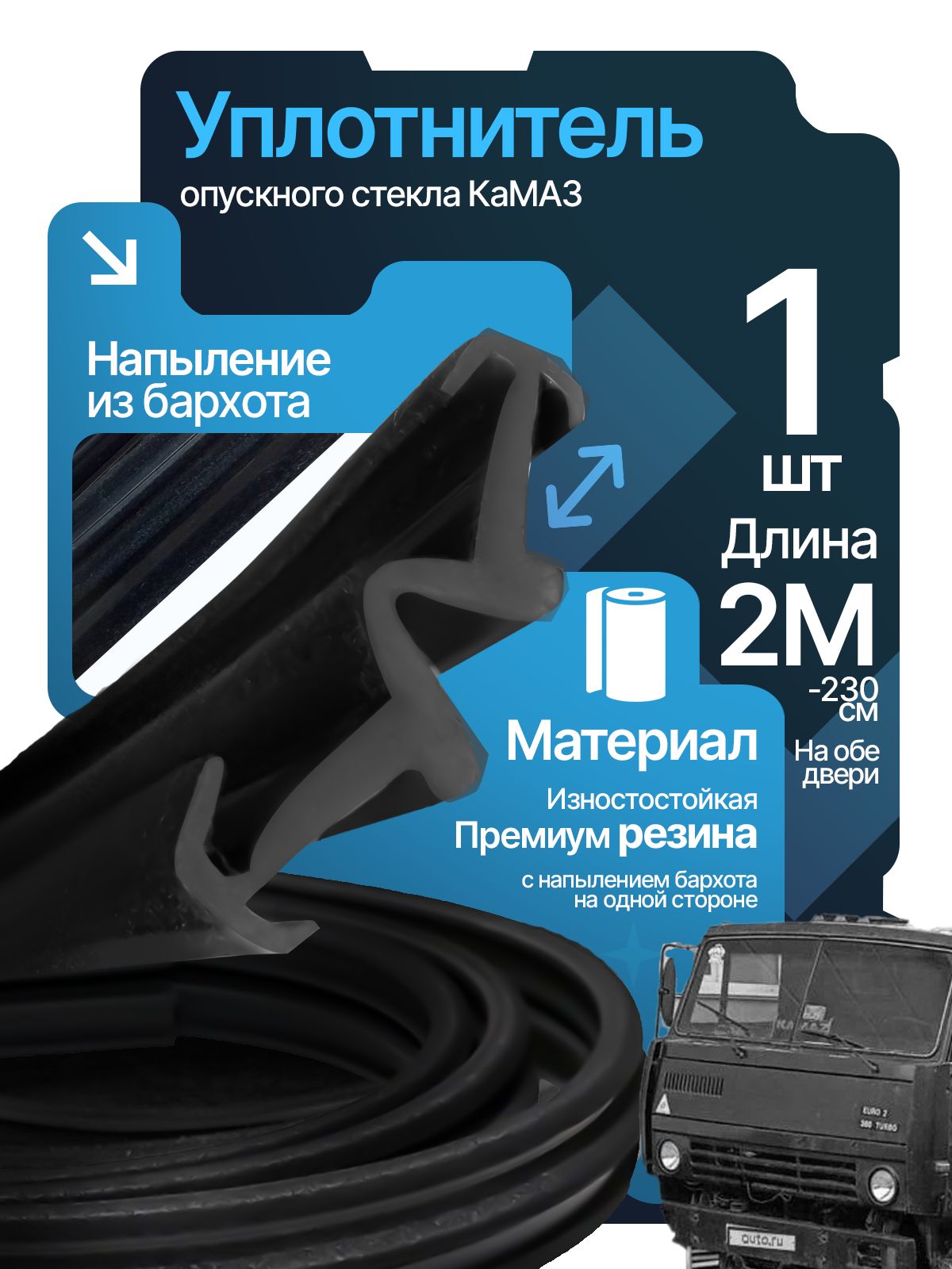 Уплотнитель опускного стекла (бархотка) L-2300мм для автомобилей КАМАЗ резина с напылением из бархата арт. 5320-6103254
