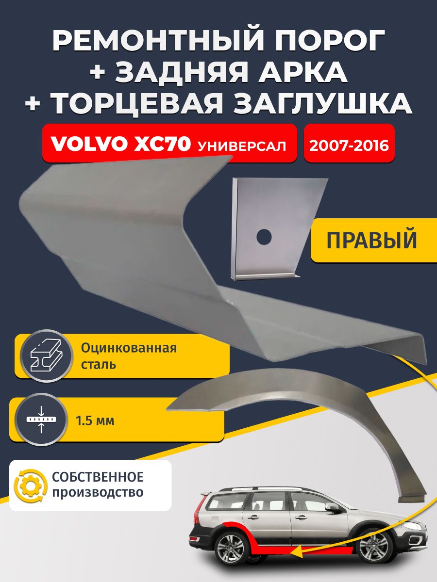 Правая задняя ремонтная арка (0,8 мм) и правый стандартный ремонтный порог (1,5 мм) + торцевая заглушка (1,5 мм) на Volvo XC70 2 2007-2016 универсал (Вольво ХС70). Оцинкованная сталь