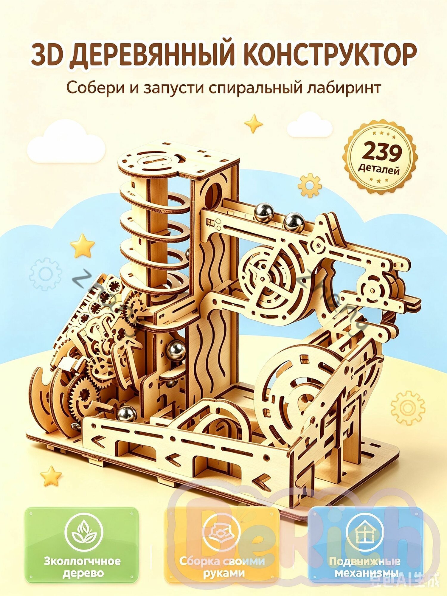 Деревянный 3D-конструктор спиральный лабиринт для шариков 239 деталей, механическая горка с шестернями