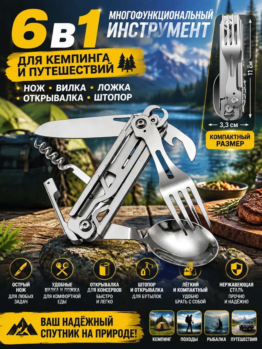 Набор походных столовых, Мультитул туристический из нержавеющей стали 6 в 1, разборный, складная походная ложка и вилка, туристический мультитул