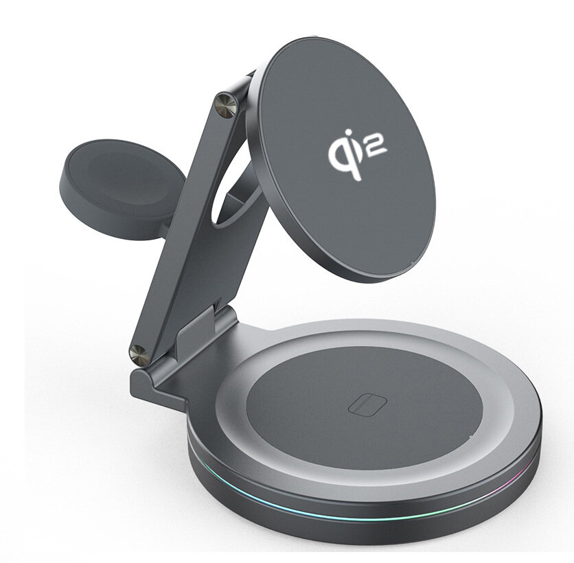 Беспроводная зарядка Qi2 с 3-в-1 складным кронштейном, поворотом на 360 градусов, металлическим корпусом из цинкового