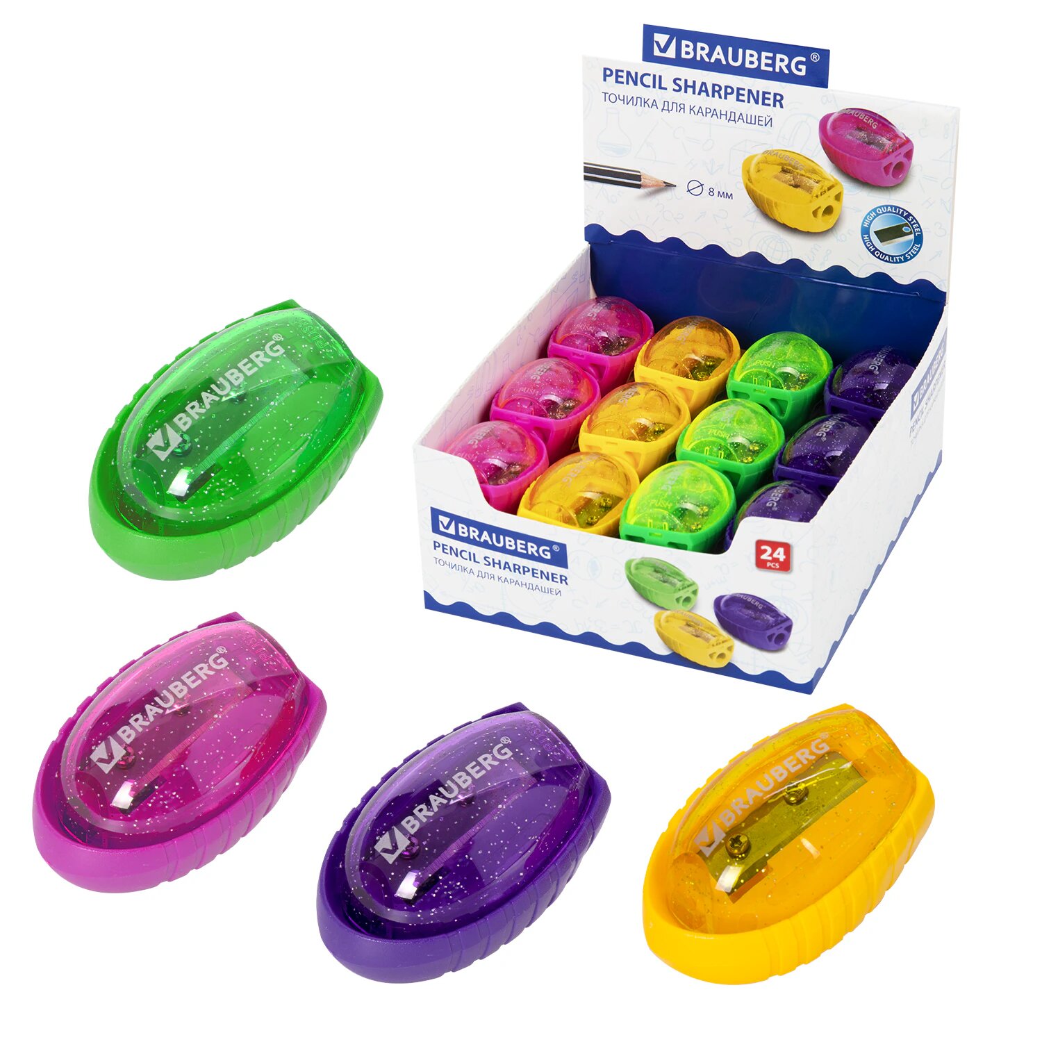 Точилка BRAUBERG "Shuttle", с контейнером, эллиптическая, ассорти, в картонном дисплее, 222505 (цена только за 1 шт.)