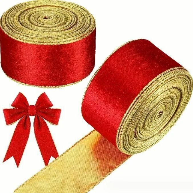 Широкая бархатная лента с проволочным краем для украшения ёлки, гирлянд, венков, 2,5 дюйма на 5 ярдов