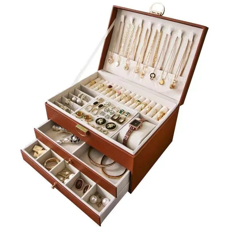 Коричневая шкатулка Light Luxury Jewellery Box для украшений с замком и имитацией кожаного корпуса, прямоугольная, бархатная отделка