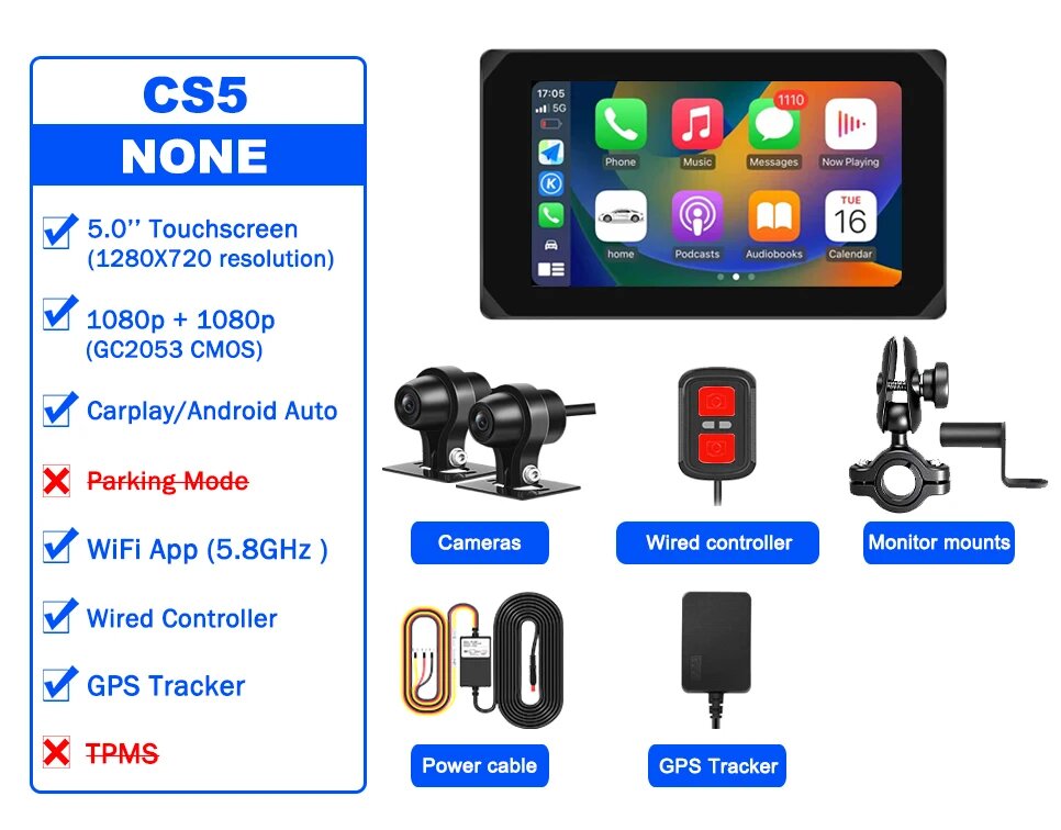 VSYS Carplay Android авто мотоцикл DVR GPS навигация 5,0 'сенсорный экран с фронтальной CS5, Нет