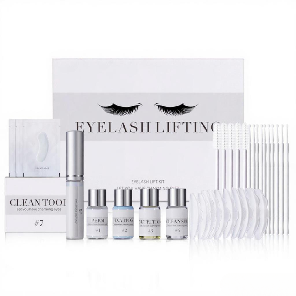 Набор для перминга ресниц Lash Lift с 10 инструментами: Пермирующий жидкость, Фиксирующий жидкость, Питательный жидкость, Клинер, Клей для ресниц, 5 расчесок Y-образных, 10 силиконовых подкладок, 3 пачки подкладок для глаз, Пакет с ватными палочками и